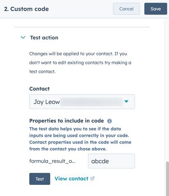 Workflows | Acciones con código personalizado - HubSpot docs